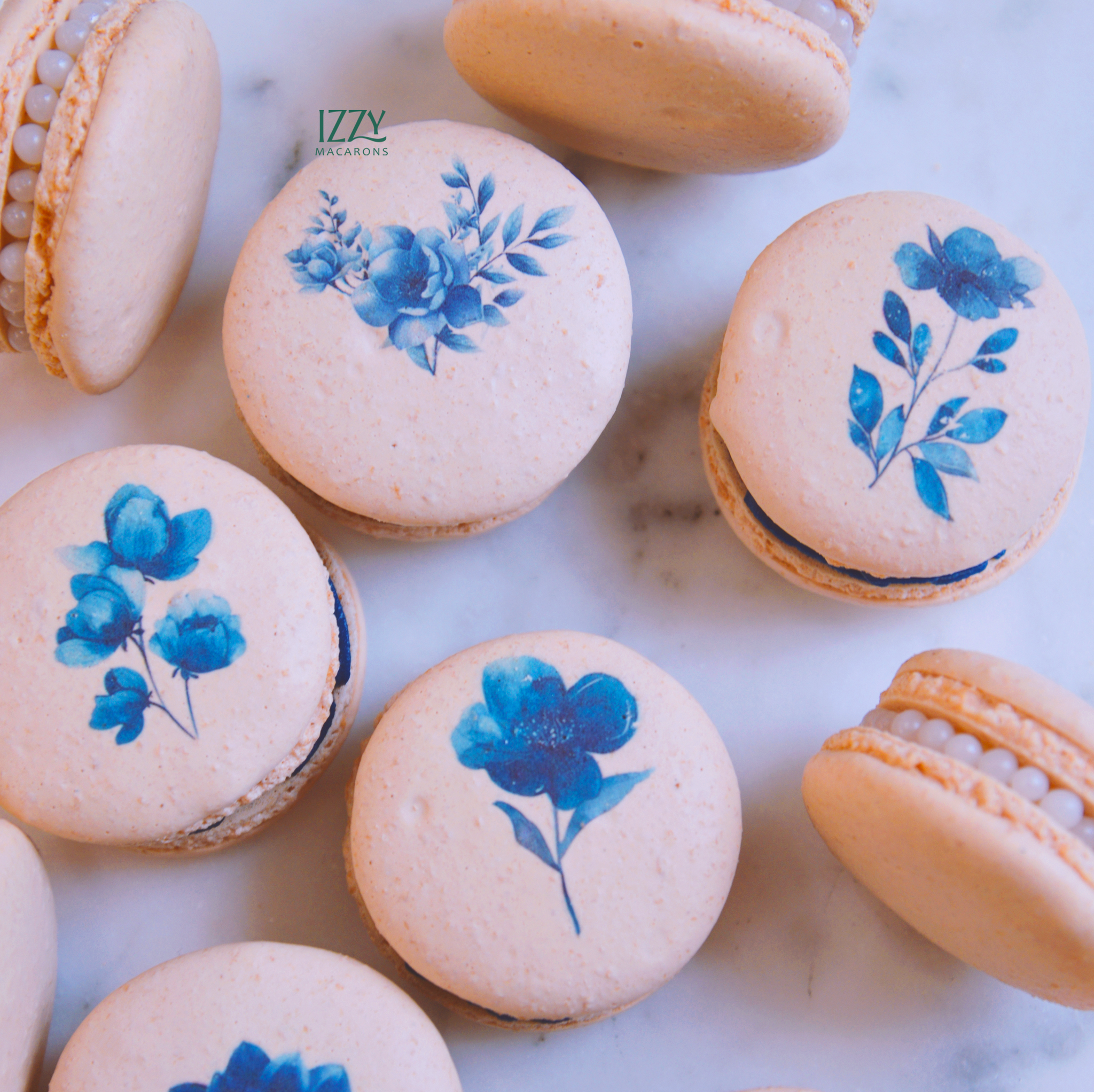 Navy Blue Flowers Macarons – Izzy Macarons