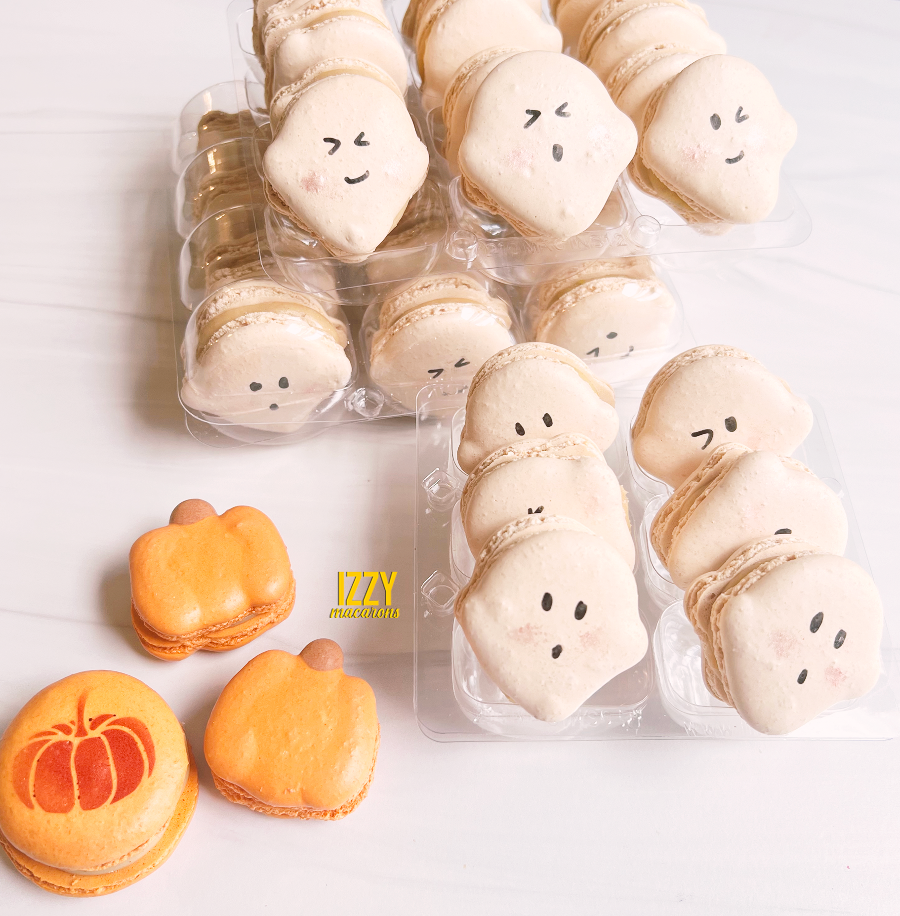 Ghost Macarons - Halloween 2024 - Pumpkin Spice Cheesecake – Izzy Macarons